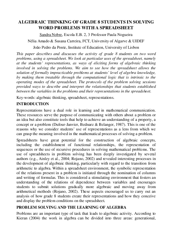 (PDF) Algebraic thinking of grade 8 students in solving word problems with a spreadsheet