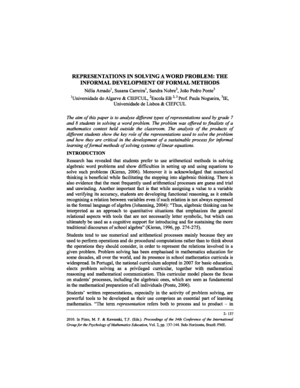 (PDF) Representations in solving a word problem: The informal development of formal methods