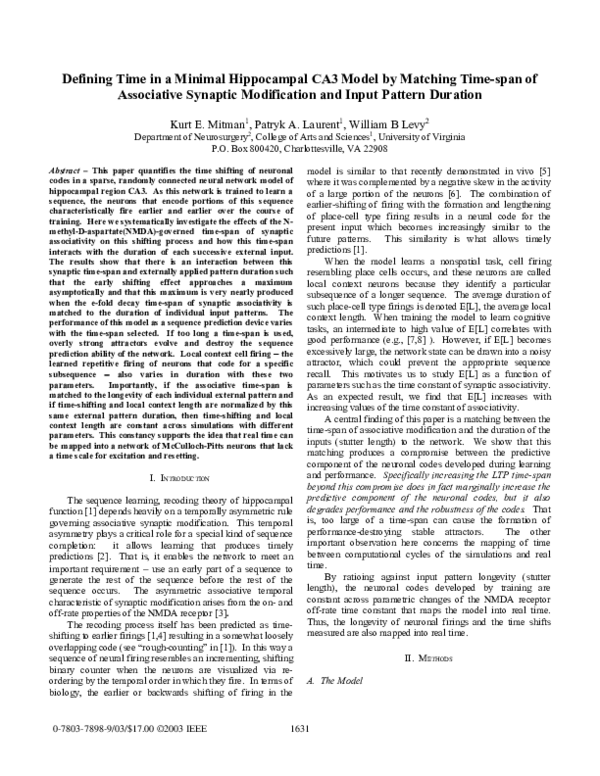 (PDF) Defining time in a minimal hippocampal CA3 model by matching time-span of associative ...