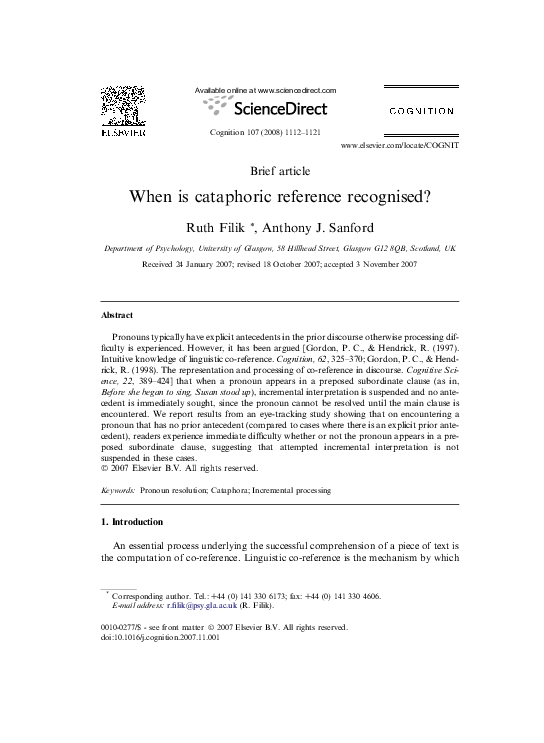 (PDF) When is Cataphoric Reference Recognised?