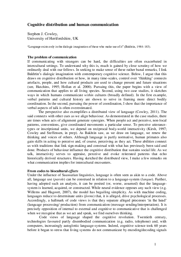 (PDF) Cognitive distribution and human communication