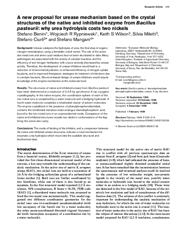 (PDF) A new proposal for urease mechanism based on the crystal ...