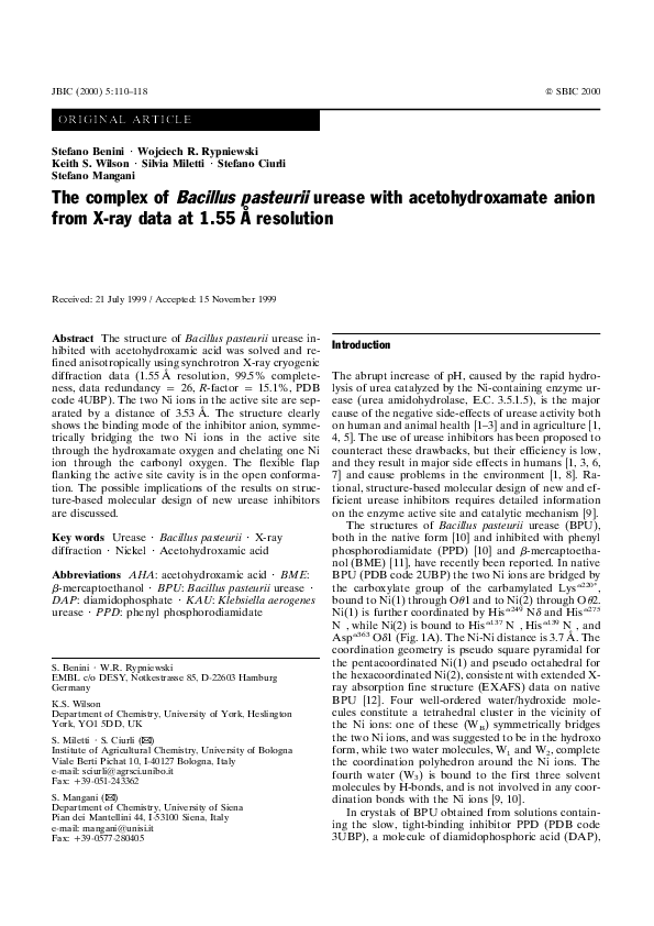 (PDF) The complex of Bacillus pasteurii urease with acetohydroxamate ...