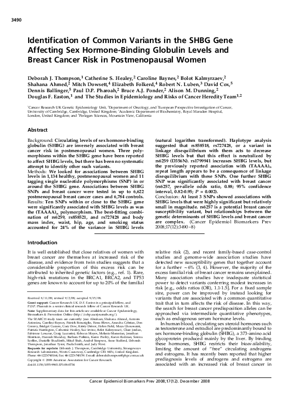 Pdf Identification Of Common Variants In The Shbg Gene Affecting Sex Hormone Binding Globulin