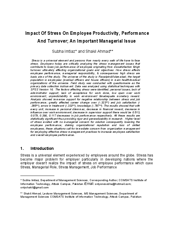 (PDF) The Impact of Stress on Employee Productivity, Performance and ...