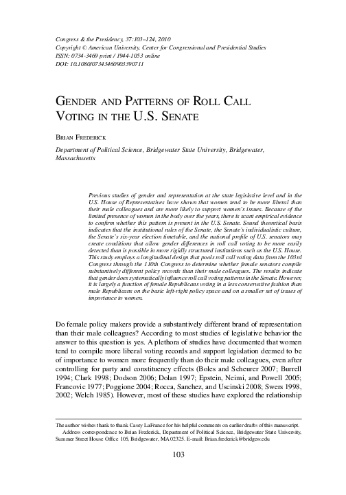 (PDF) Gender and Patterns of Roll Call Voting In the US Senate | Brian ...