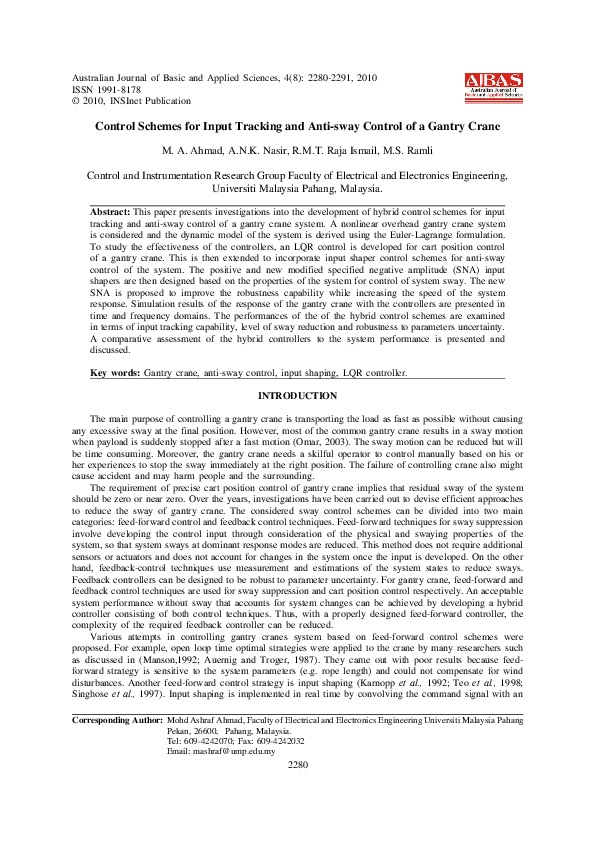 (PDF) Control Schemes for Input Tracking and Anti-sway Control of a Gantry Crane