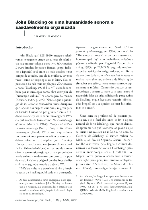 (PDF) John Blacking ou uma humanidade sonora e saudavelmente organizada