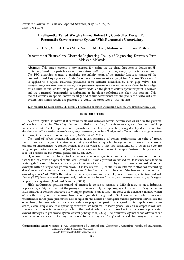 (PDF) Intelligently Tuned Weights Based Robust H4 Controller Design For Pneumatic Servo Actuator ...