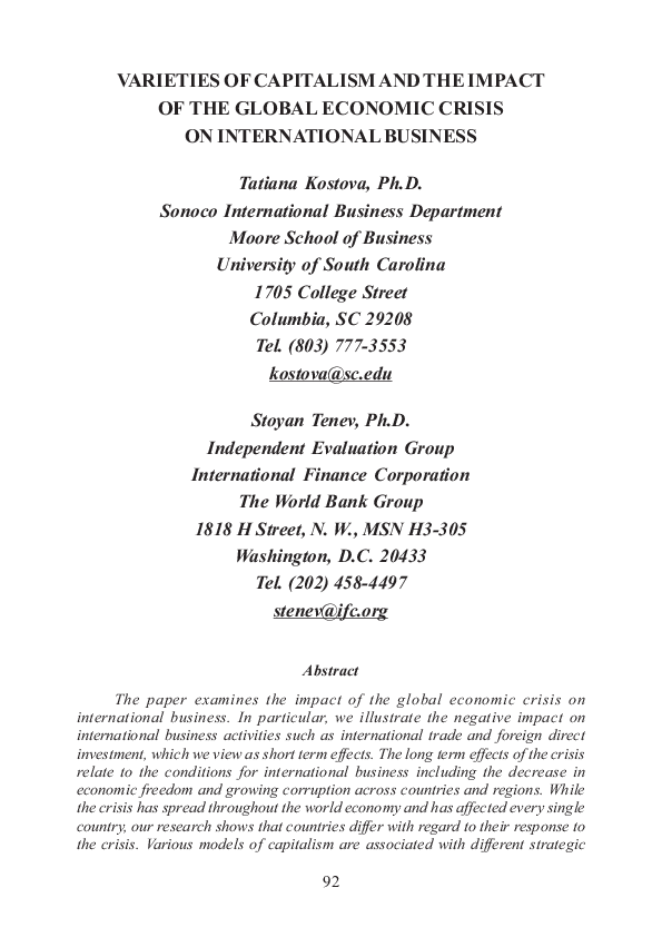 (PDF) VARIETIES OF CAPITALISM AND THE IMPACT OF THE GLOBAL ECONOMIC ...