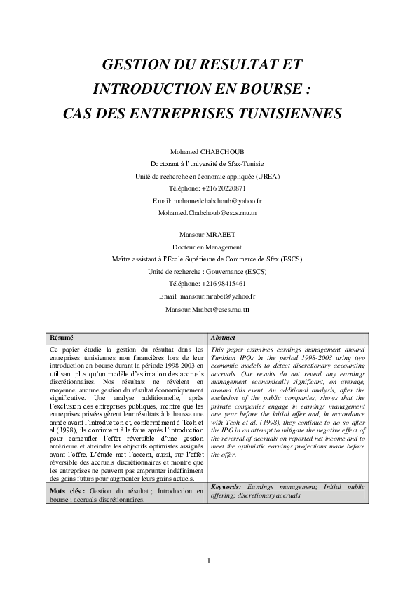 (PDF) GESTION DU RESULTAT ET INTRODUCTION EN BOURSE : CAS DES ENTREPRISES TUNISIENNES