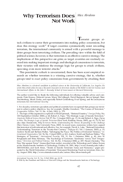 (PDF) “Why Terrorism Does Not Work,” International Security, Vol. 31, No. 2 (Fall 2006).