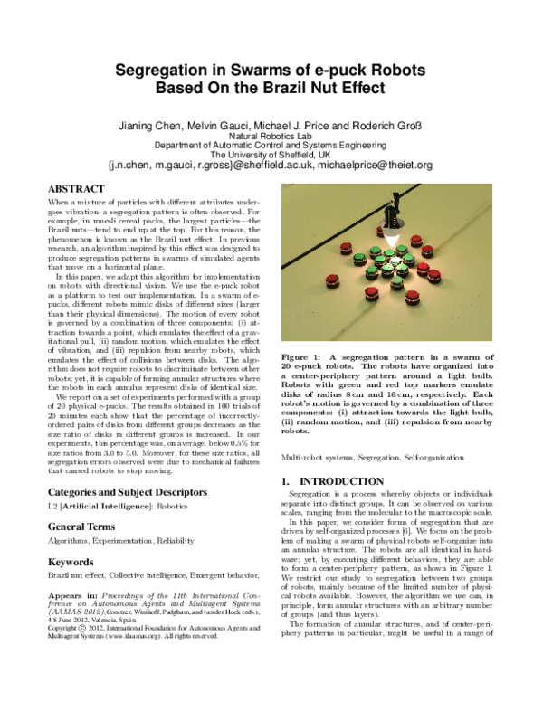 (PDF) Segregation in Swarms of e-puck Robots Based On the Brazil Nut Effect