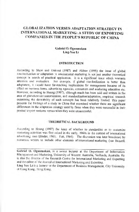 (PDF) Globalization versus adaptation strategy in international ...
