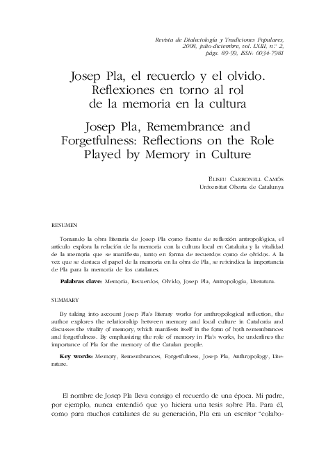 (PDF) Josep Pla, el recuerdo y el olvido. Reflexiones en torno al rol de la memoria en la cultura