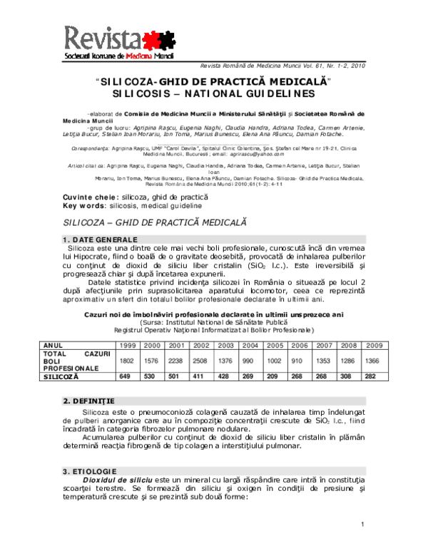 (PDF) “SILICOZA-GHID DE PRACTICĂ MEDICALĂ” SILICOSIS–NATIONAL GUIDELINES