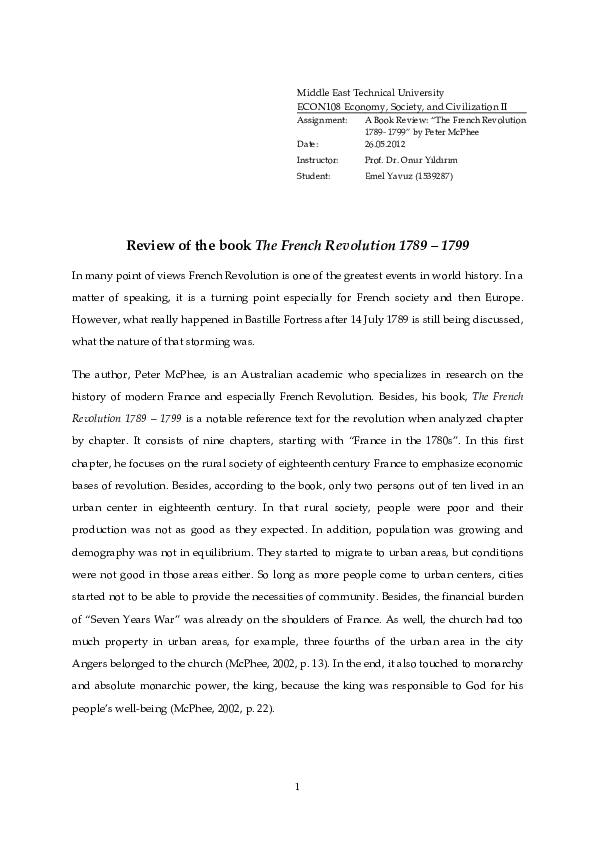 (DOC) A Book Review: The French History 1789 - 1799 by Peter McPhee