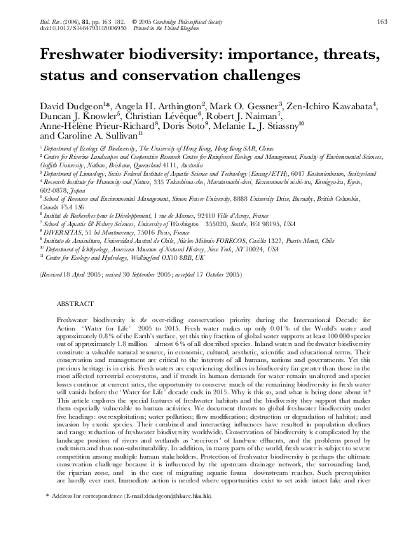 (PDF) Freshwater Biodiversity: Importance, Threats, Status and ...