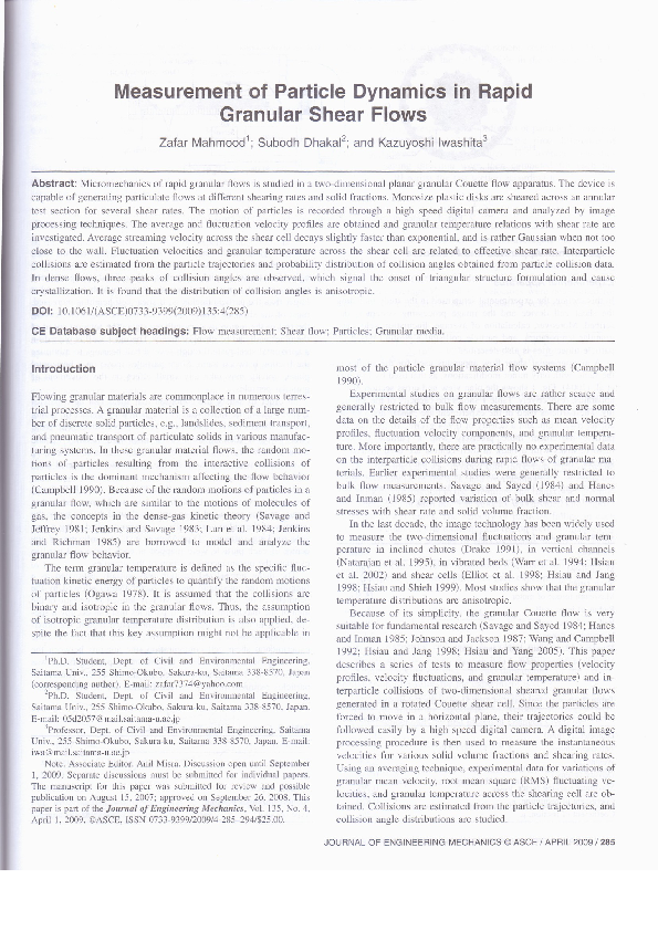 (PDF) Measurement of Particle Dynamics In Rapid Granular Shear Flows