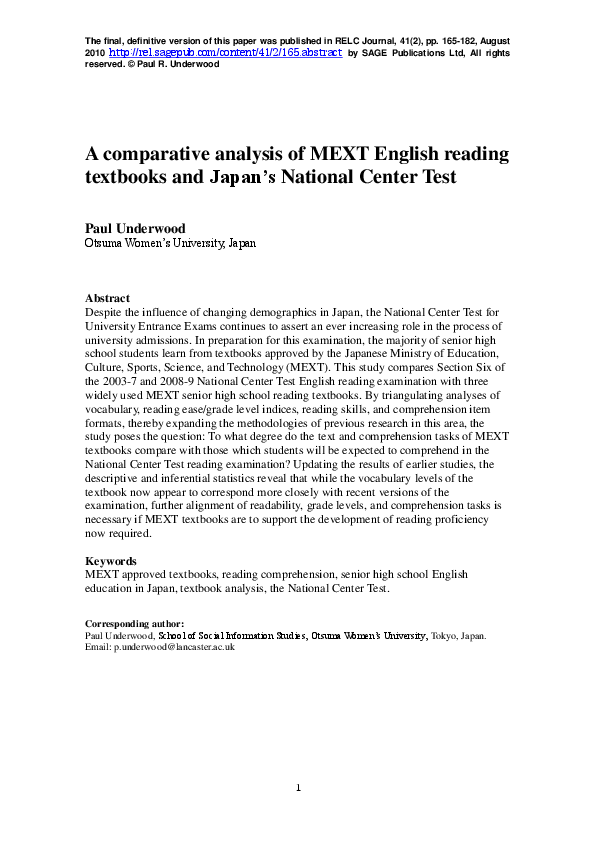 (PDF) A Comparative Analysis of MEXT English Reading Textbooks and ...