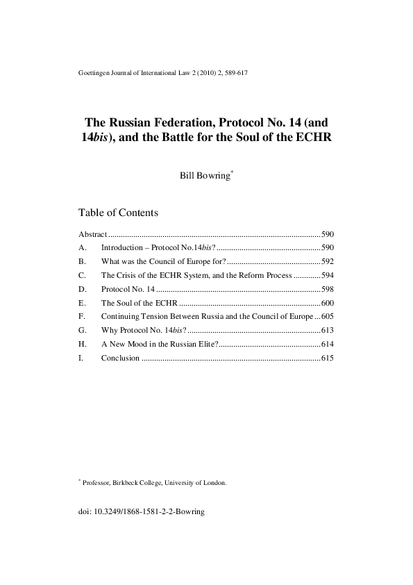 (PDF) The Russian Federation, Protocol No. 14 (and 14bis), and the ...