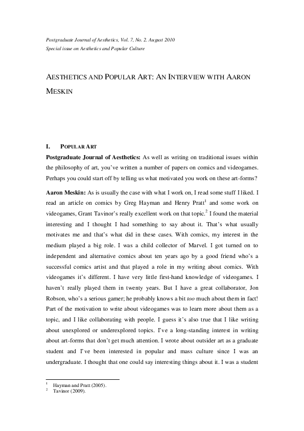 (PDF) Aesthetics and Popular Art: An Interview with Aaron Meskin