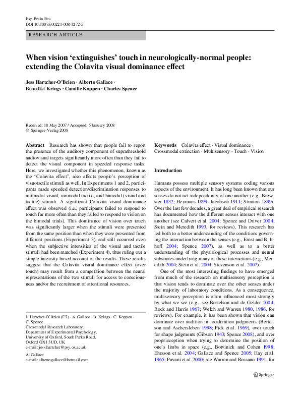 (PDF) When vision ‘extinguishes’ touch in neurologically-normal people ...