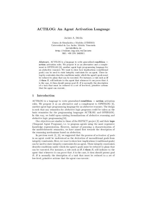 (PDF) Actilog: An agent activation language