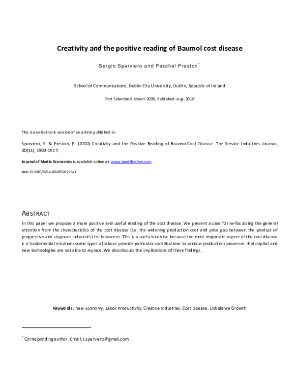 (PDF) Creativity and the positive reading of Baumol cost disease