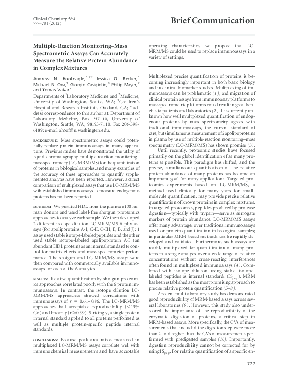 Pdf Multiple Reaction Monitoring Mass Spectrometric Assays Can Accurately Measure The Relative