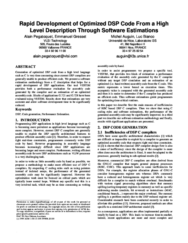 Pdf Rapid Development Of Optimized Dsp Code From A High Level
