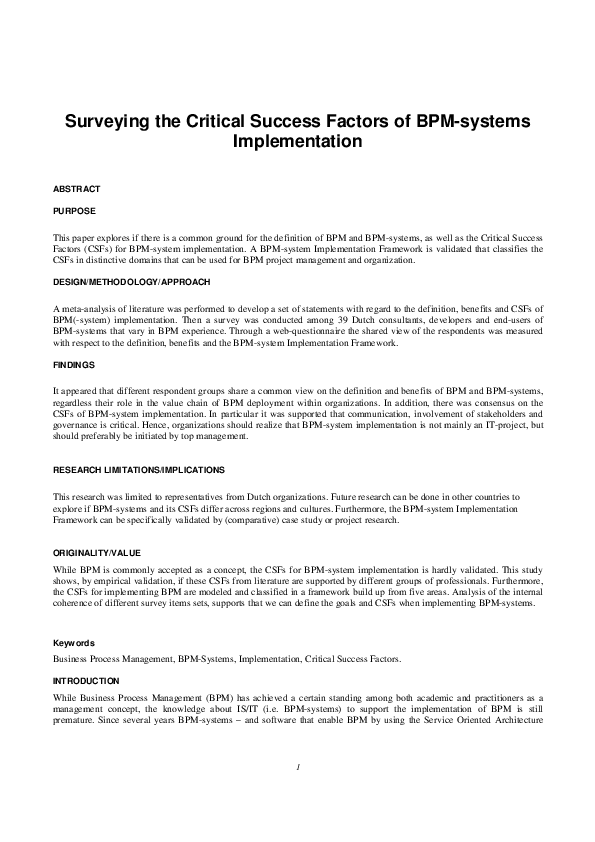 (PDF) Surveying the critical success factors of BPM-systems implementation