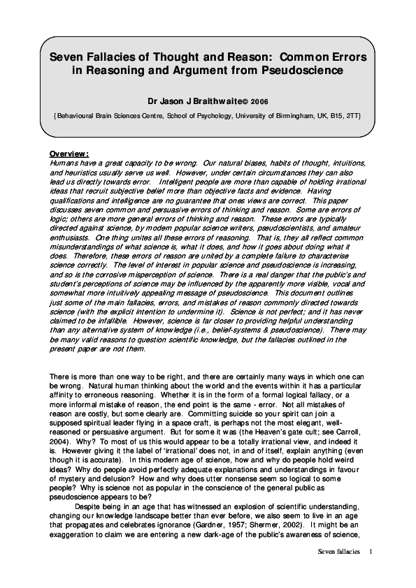 (PDF) Seven Fallacies of Thought and Reason: Common Errors in Reasoning and Argument from ...