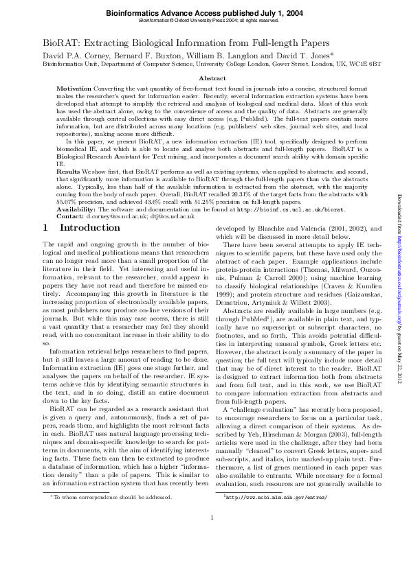 (PDF) BioRAT: Extracting Biological Information From Full-Length Papers
