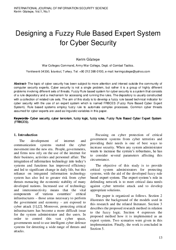 (PDF) Designing Fuzzy Rule Based Expert System for Cyber Security