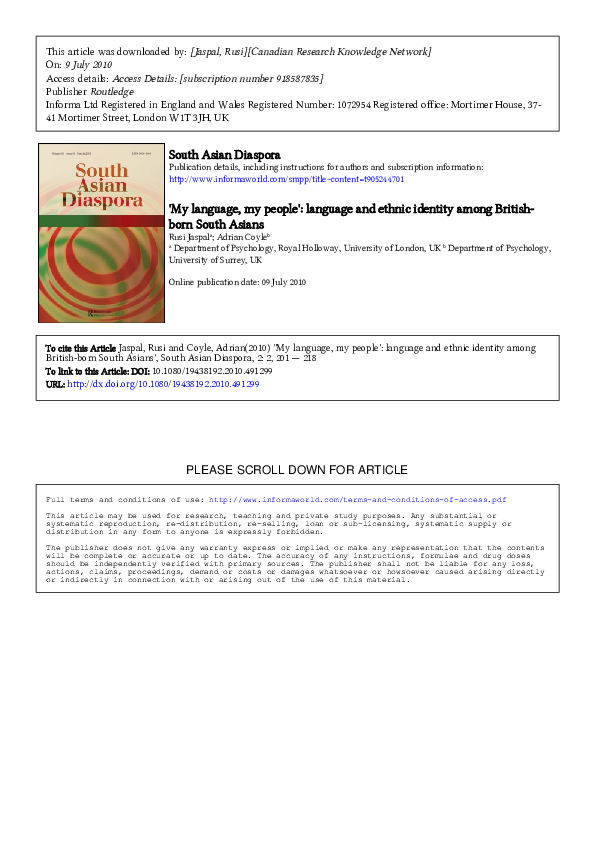 (PDF) ‘My language, my people’: Language and ethnic identity among ...