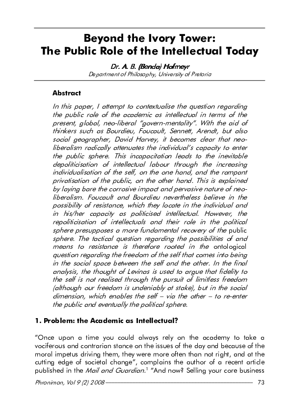 (PDF) Beyond the ivory tower: the public role of the intellectual today