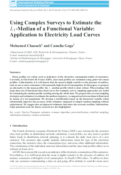 (PDF) Using Complex Surveys to Estimate the L1-Median of a Functional Variable: Application to ...