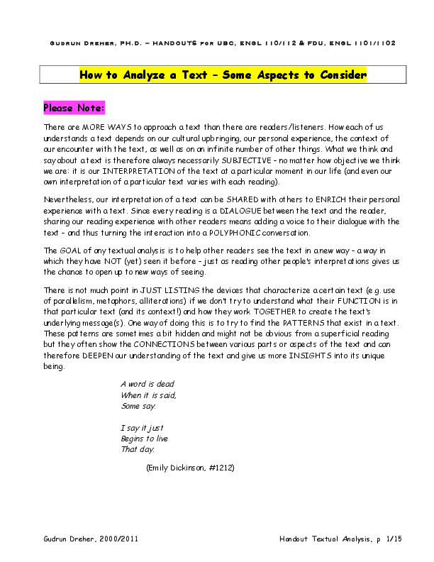(PDF) "How to Analyze a Text - Some Aspects to Consider." Handout from ...