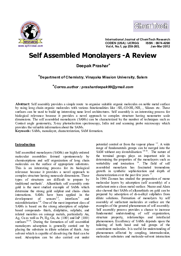 (PDF) Self Assembled Monolayers-A Review