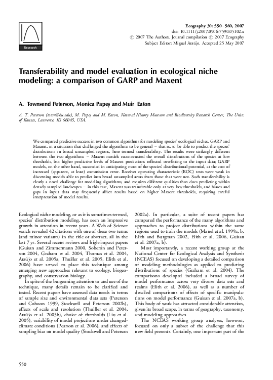 (PDF) Transferability and model evaluation in ecological niche modeling ...