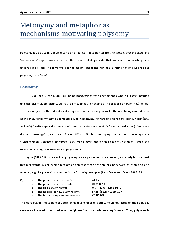 (PDF) Metonymy and metaphor as mechanisms motivating polysemy