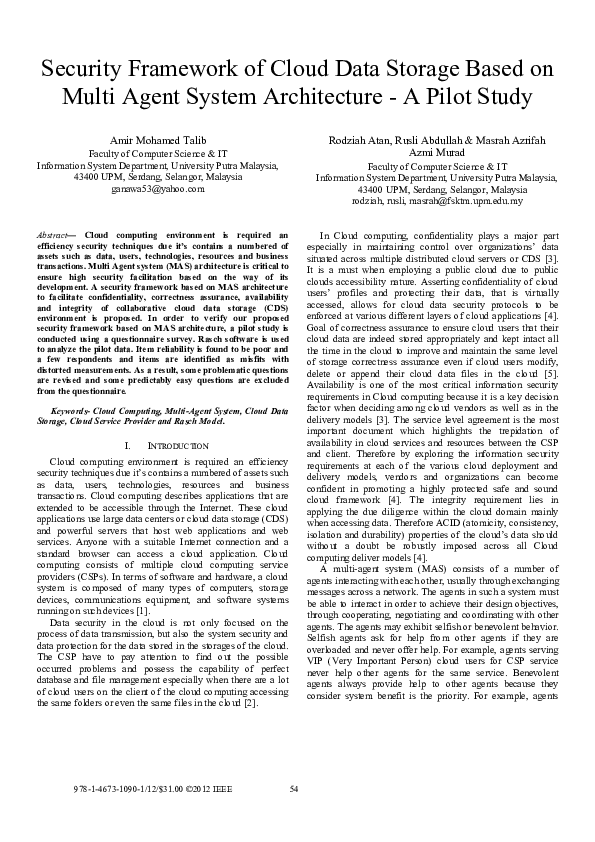 Pdf Security Framework Of Cloud Data Storage Based On Multi Agent System Architecture A