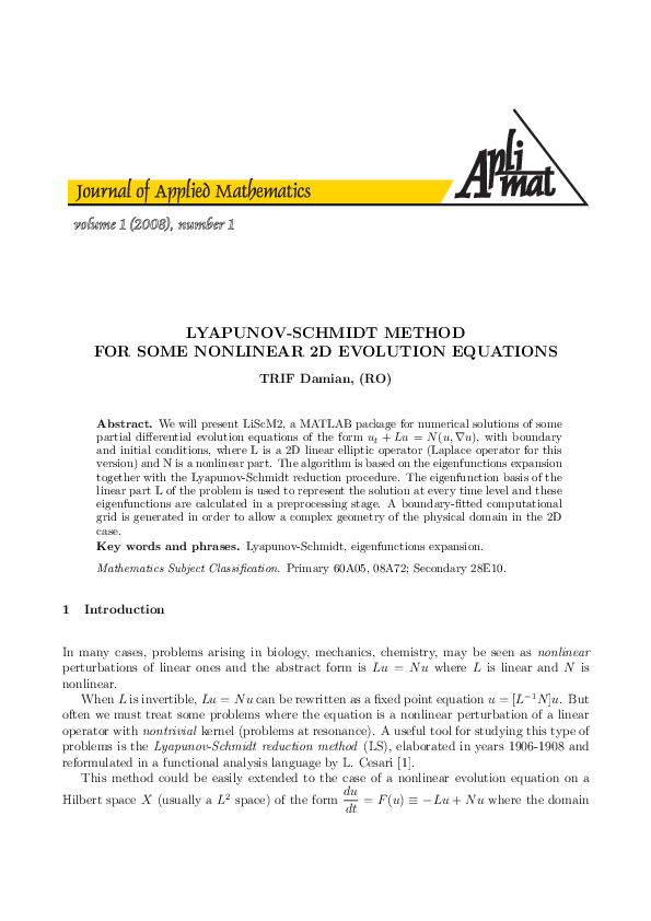 (PDF) LYAPUNOV-SCHMIDT METHOD FOR SOME NONLINEAR 2D EVOLUTION EQUATIONS