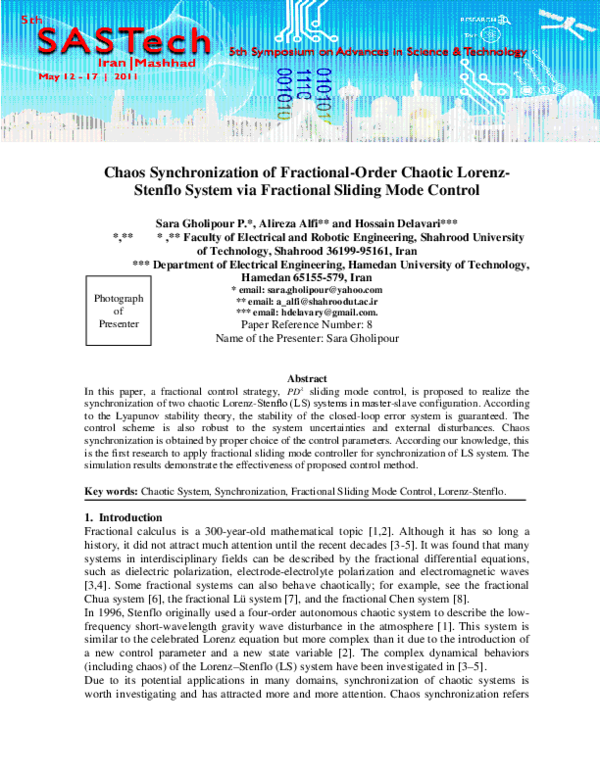Pdf Chaos Synchronization Of Fractional Order Chaotic Lorenz Stenflo System Via Fractional