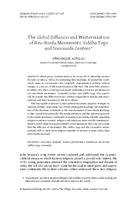 (PDF) The Global diffusion and Westernization of Neo-Hindu Movements ...