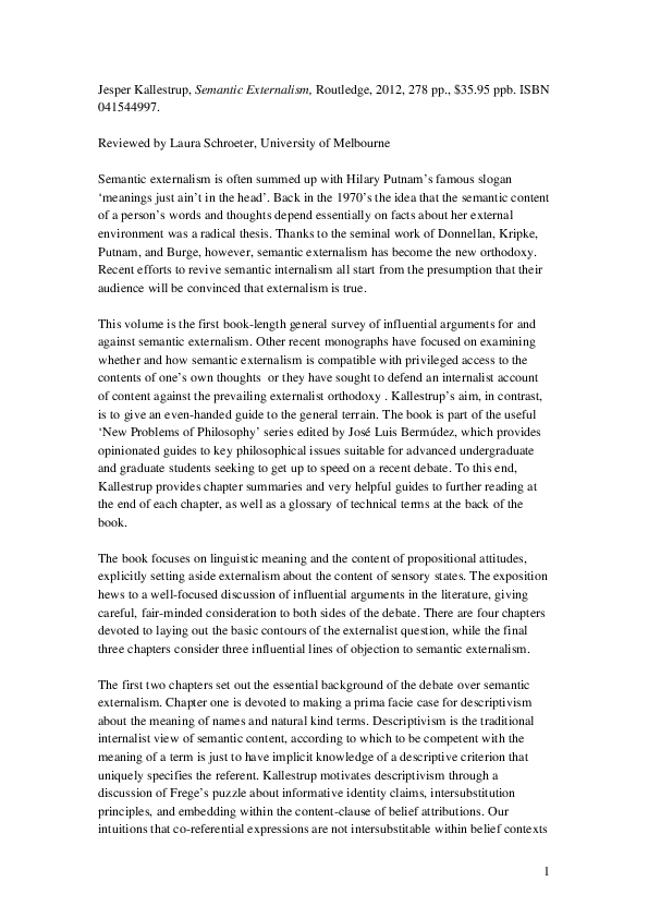 (DOC) Review of Jesper Kallestrup's 'Semantic Externalism'