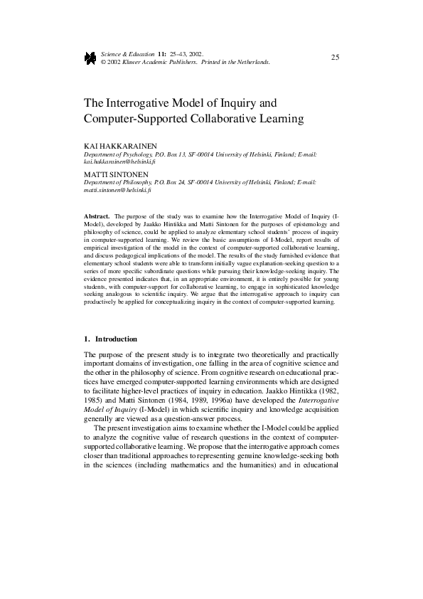 (PDF) The interrogative model of inquiry and computer-supported collaborative learning