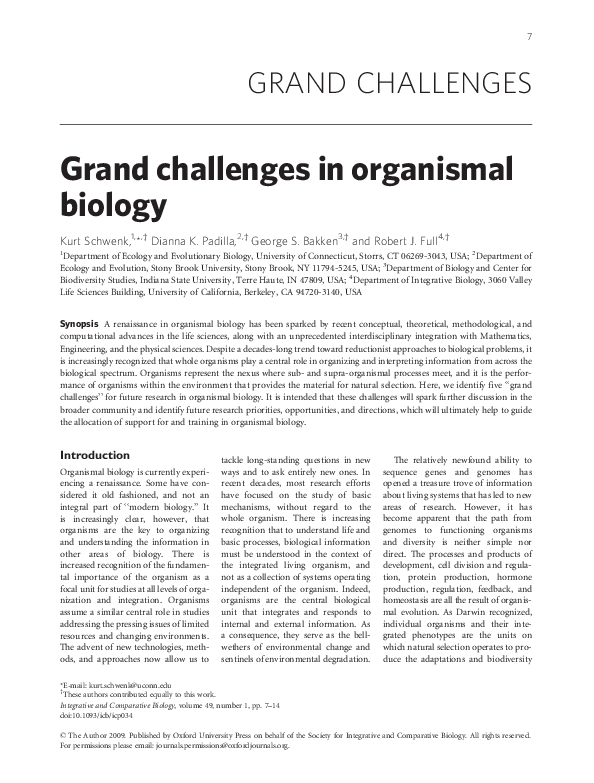 (PDF) Grand challenges in organismal biology