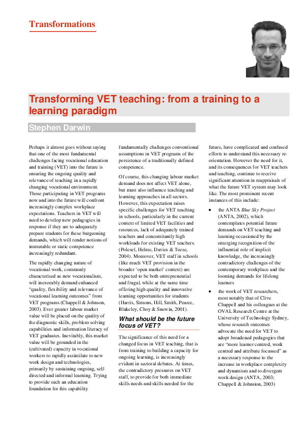 (PDF) Transforming VET Teaching: From a Training to a Learning Paradigm